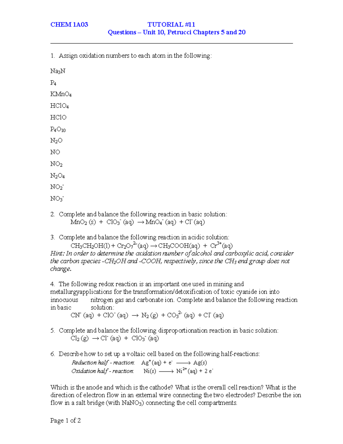 1a03-Tut10 Q - Electrochemistry - CHEM 1A03 TUTORIAL Questions – Unit ...