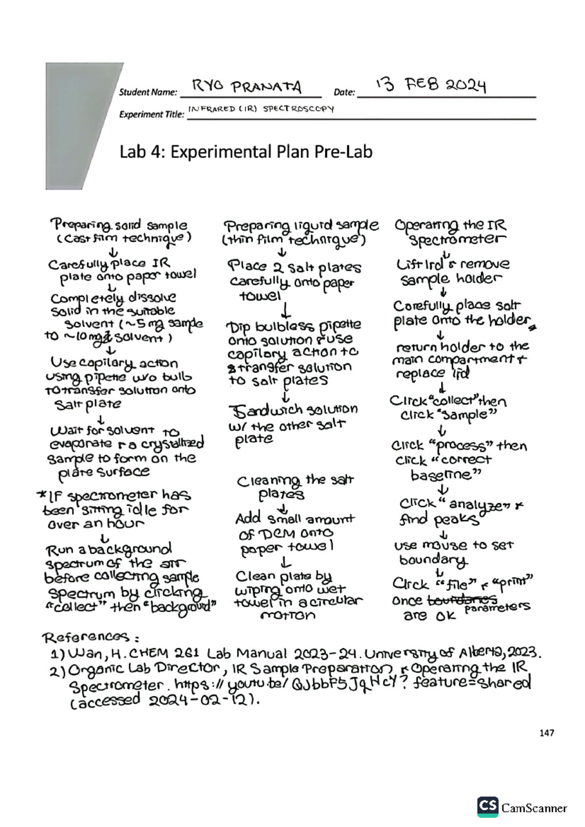 Chem 261 Prelab 4 - Experimental Procedure and Guidelines - Chem261 - CamScanner - Studocu