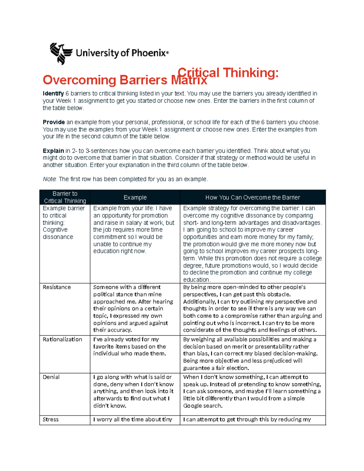 Hum115 v10 wk3 critical thinking overcoming barriers matrix - Critical Thinking: Overcoming ...