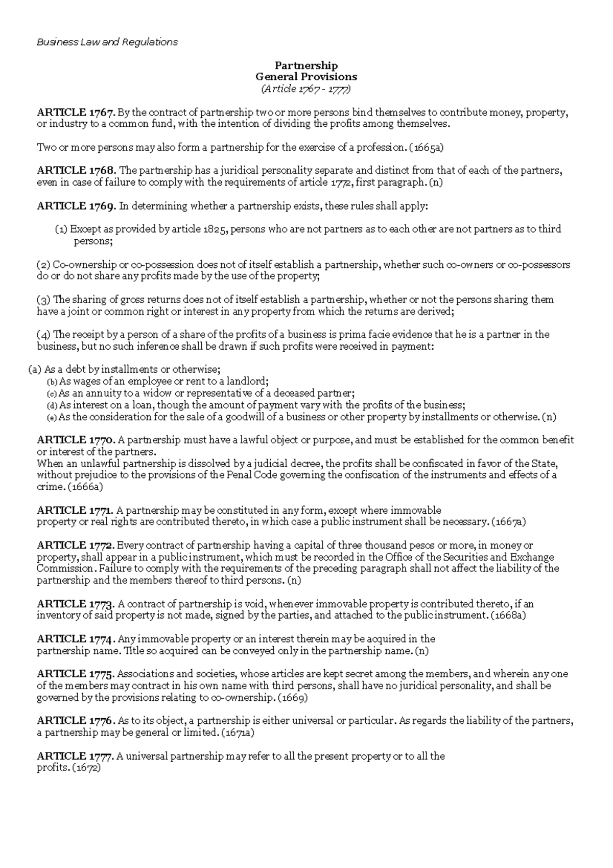 Partnership Article 1767 1777 - Business Law and Regulations ...