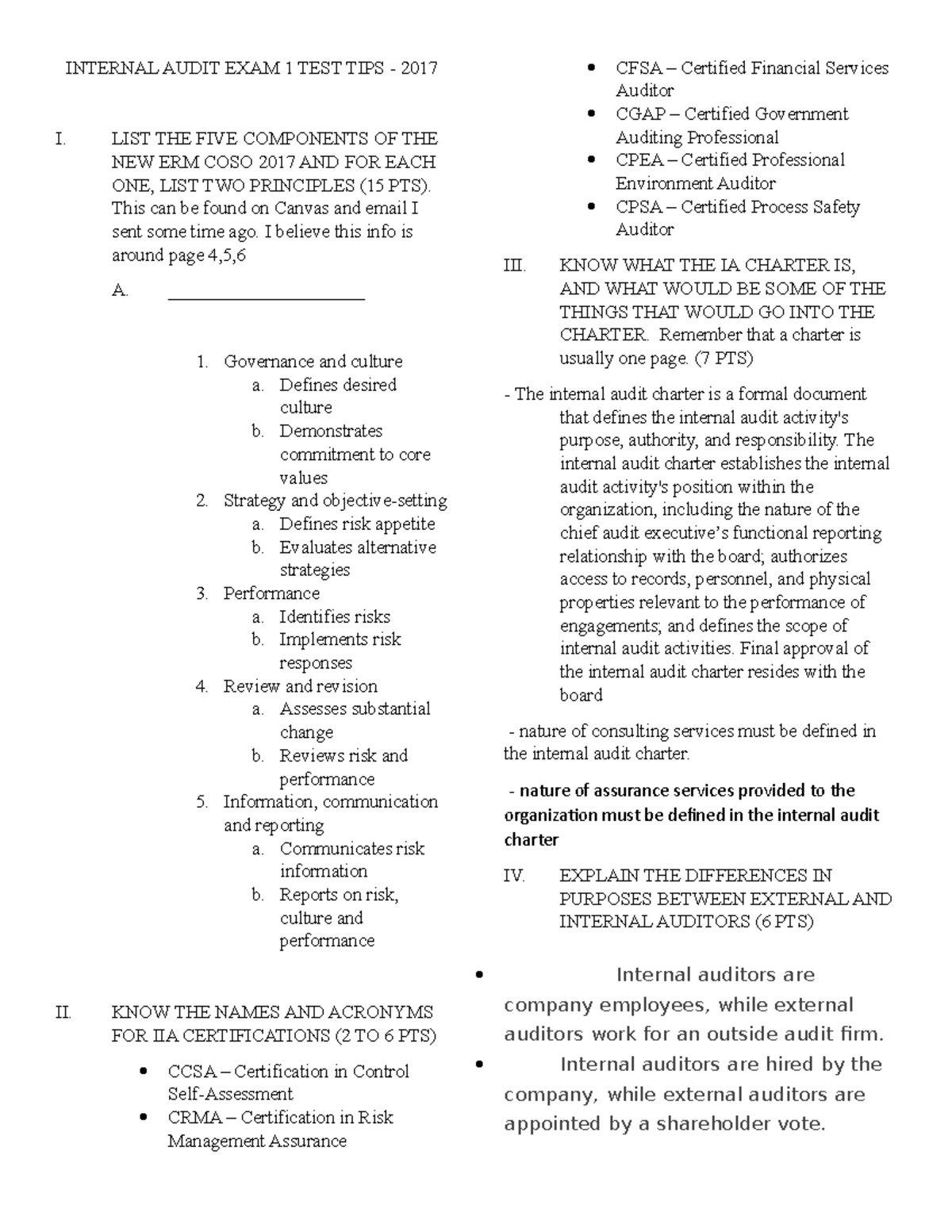 Auditing Lecture Notes for Exam 1 - INTERNAL AUDIT EXAM 1 TEST TIPS ...