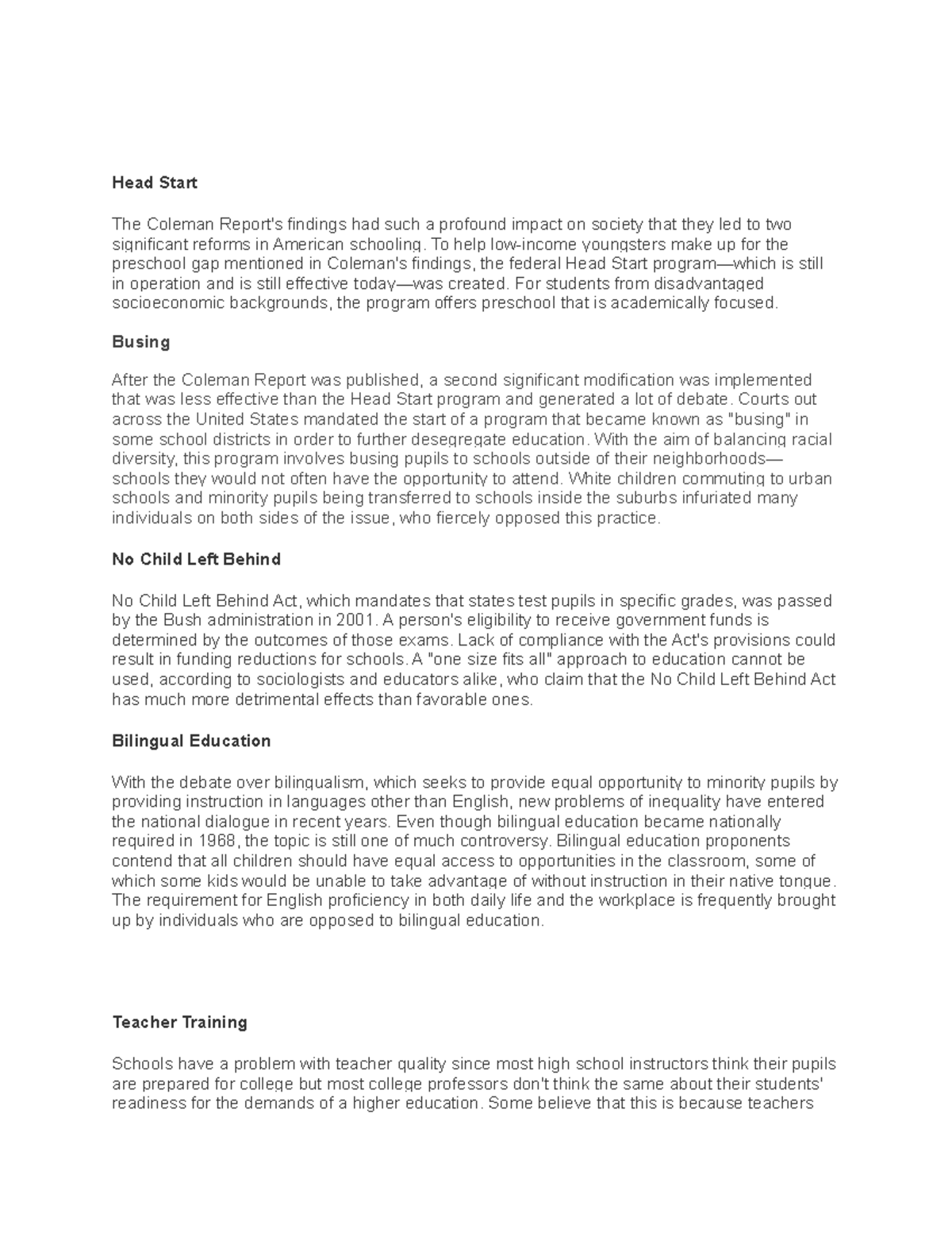 Problems with Education Notes - Head Start The Coleman Report's ...