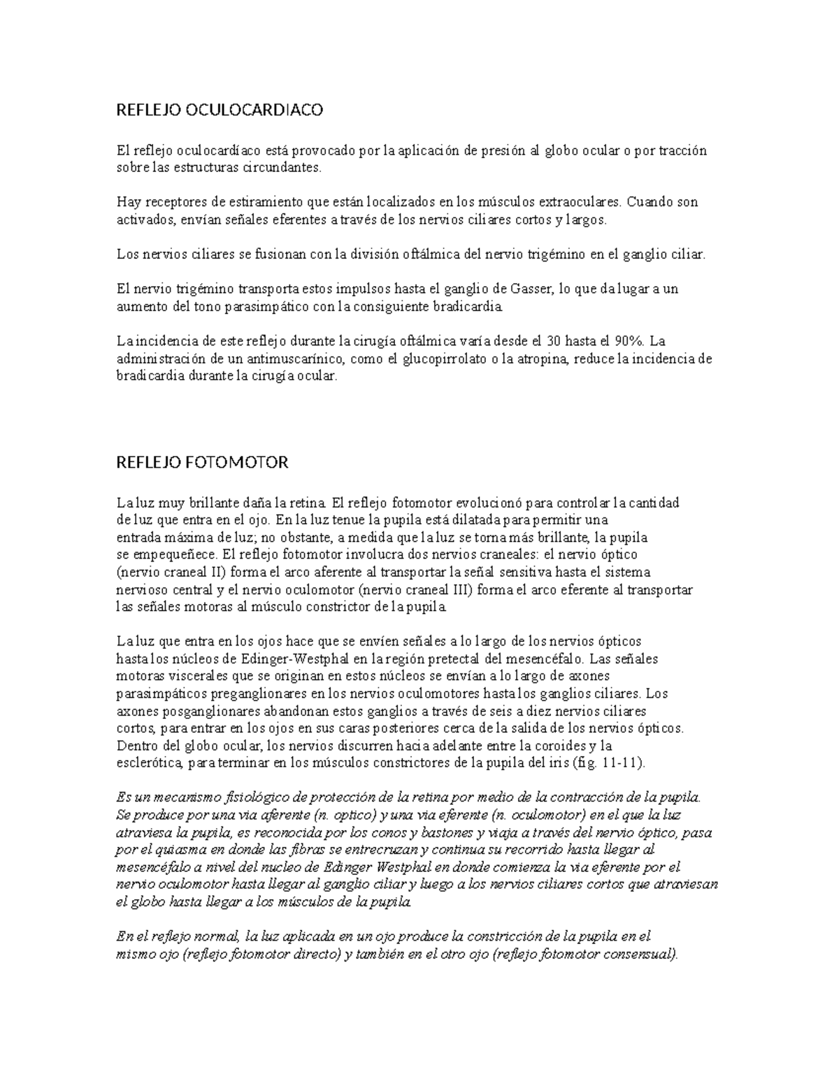 Reflejo oculocardiaco y Reflejo fotomotor - REFLEJO OCULOCARDIACO El ...
