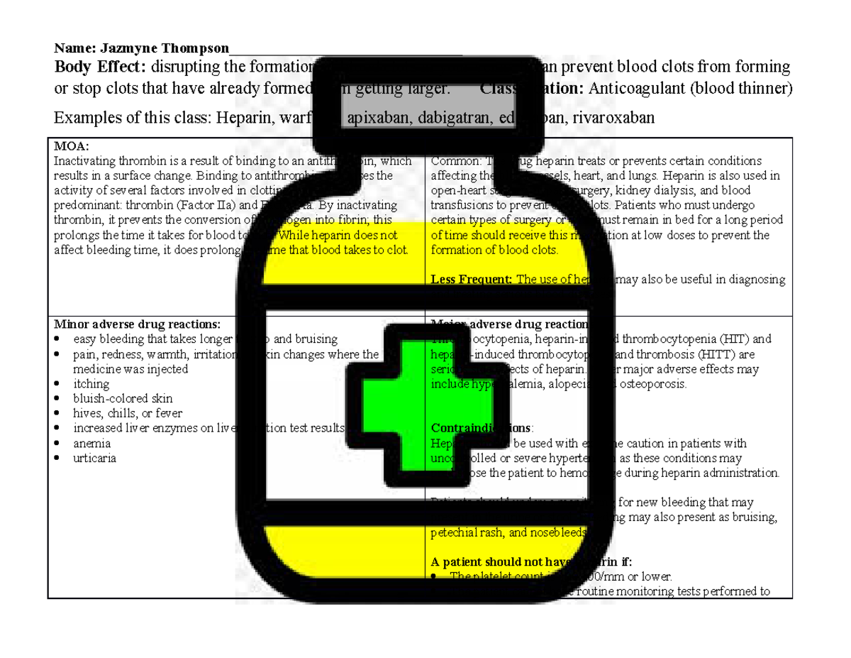 JT-Anticoagulant Drug Card- Heparin - Name: Jazmyne Thompson
