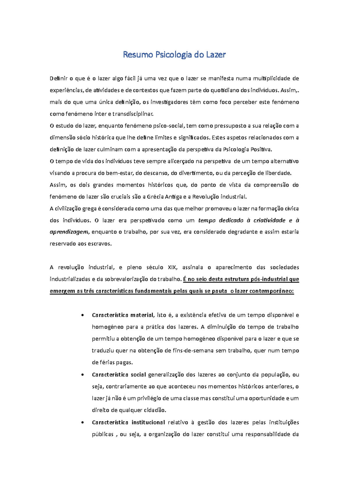 Resumo Psicologia do lazer - Resumo Psicologia do Lazer Definir o que é ...