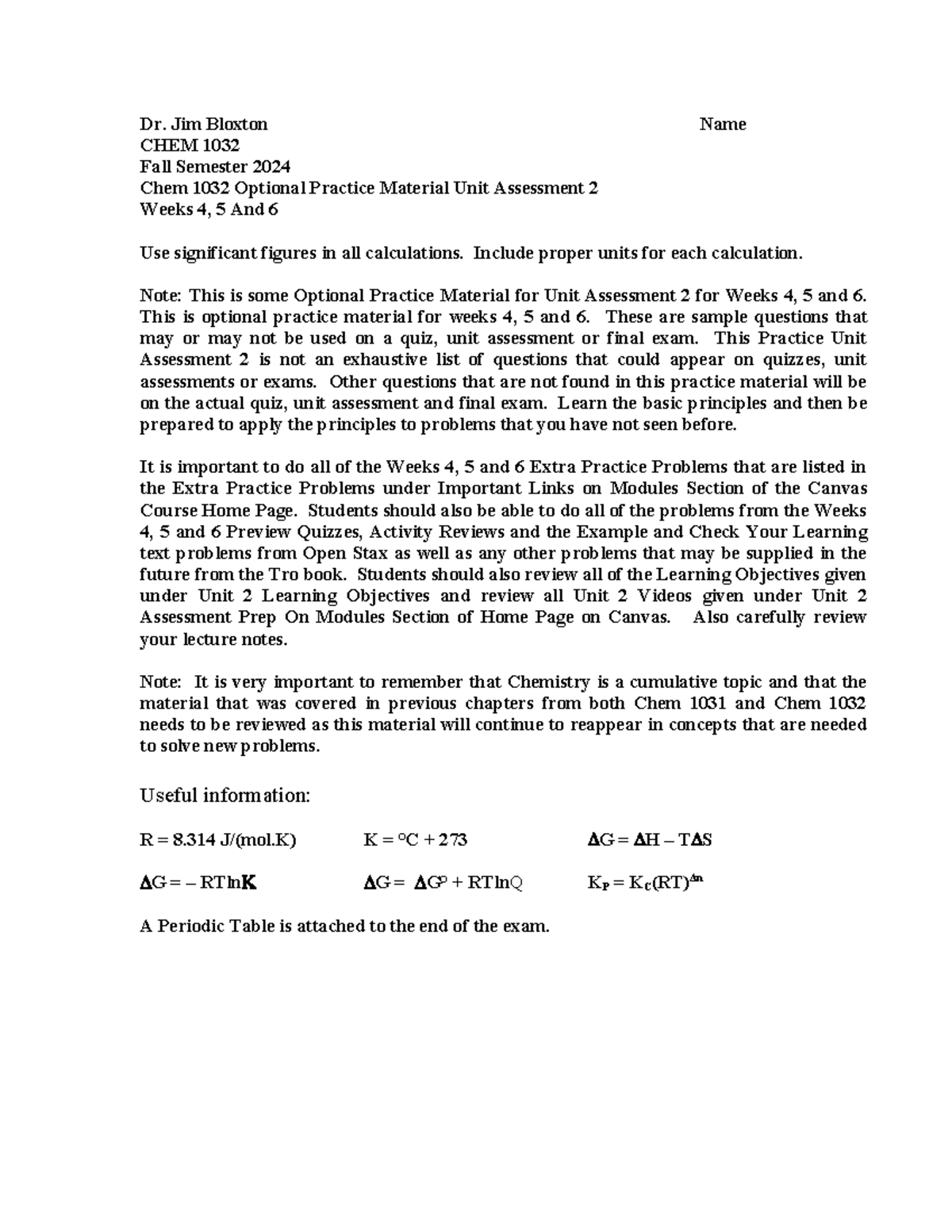 Chem 1032 Practice Material Unit Assessment 2 Weeks 4, 5, And 6 Fall ...