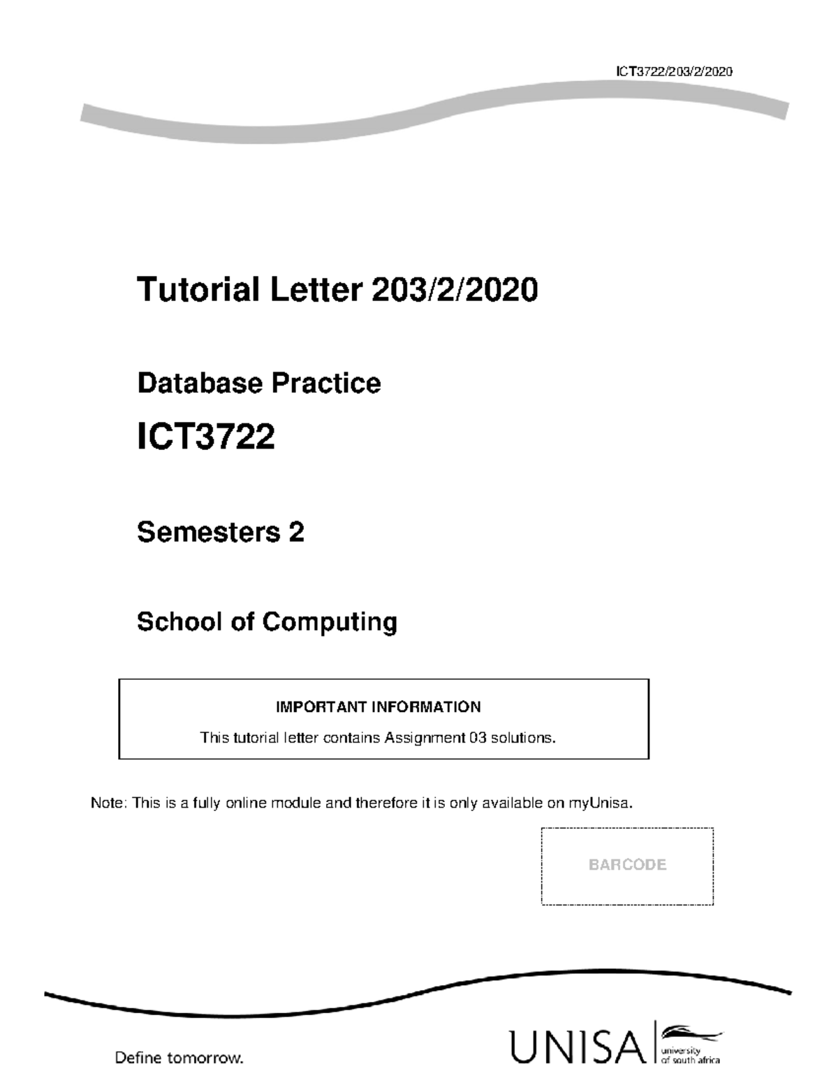 Assignment 03 Sol - ict3722 - Tutorial Letter 203/2/ Database Practice ...