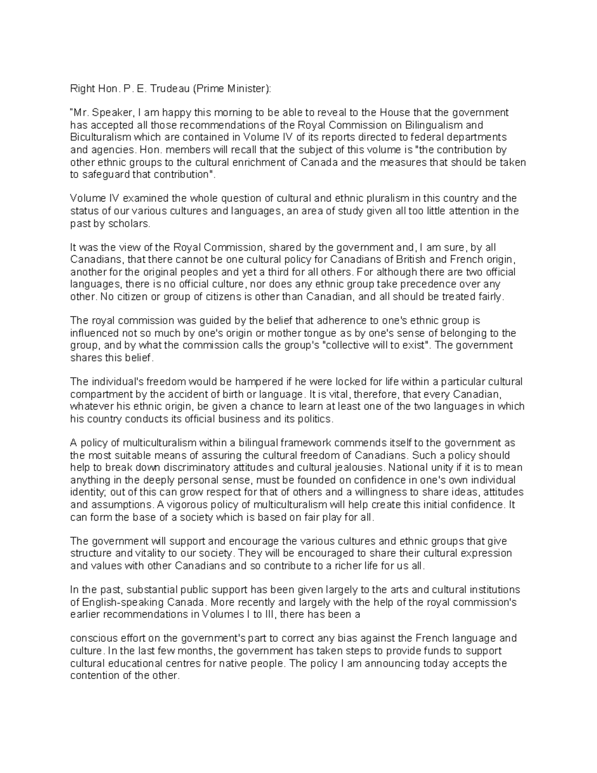 History - This helped me out - Right Hon. P. E. Trudeau (Prime Minister ...