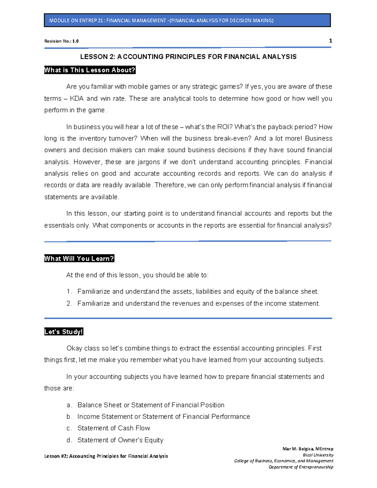 Entrep 21-Lesson 2 - FINANCIAL MANAGEMENT - Revision No.: 1 1 Lesson #2 ...