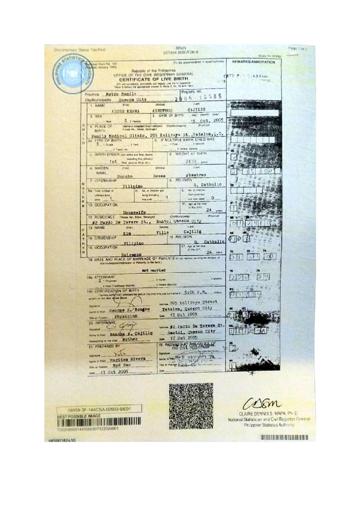 Birth Certificate 240715 184928 - Documentary Stamp Tax Paid BReN Page ...