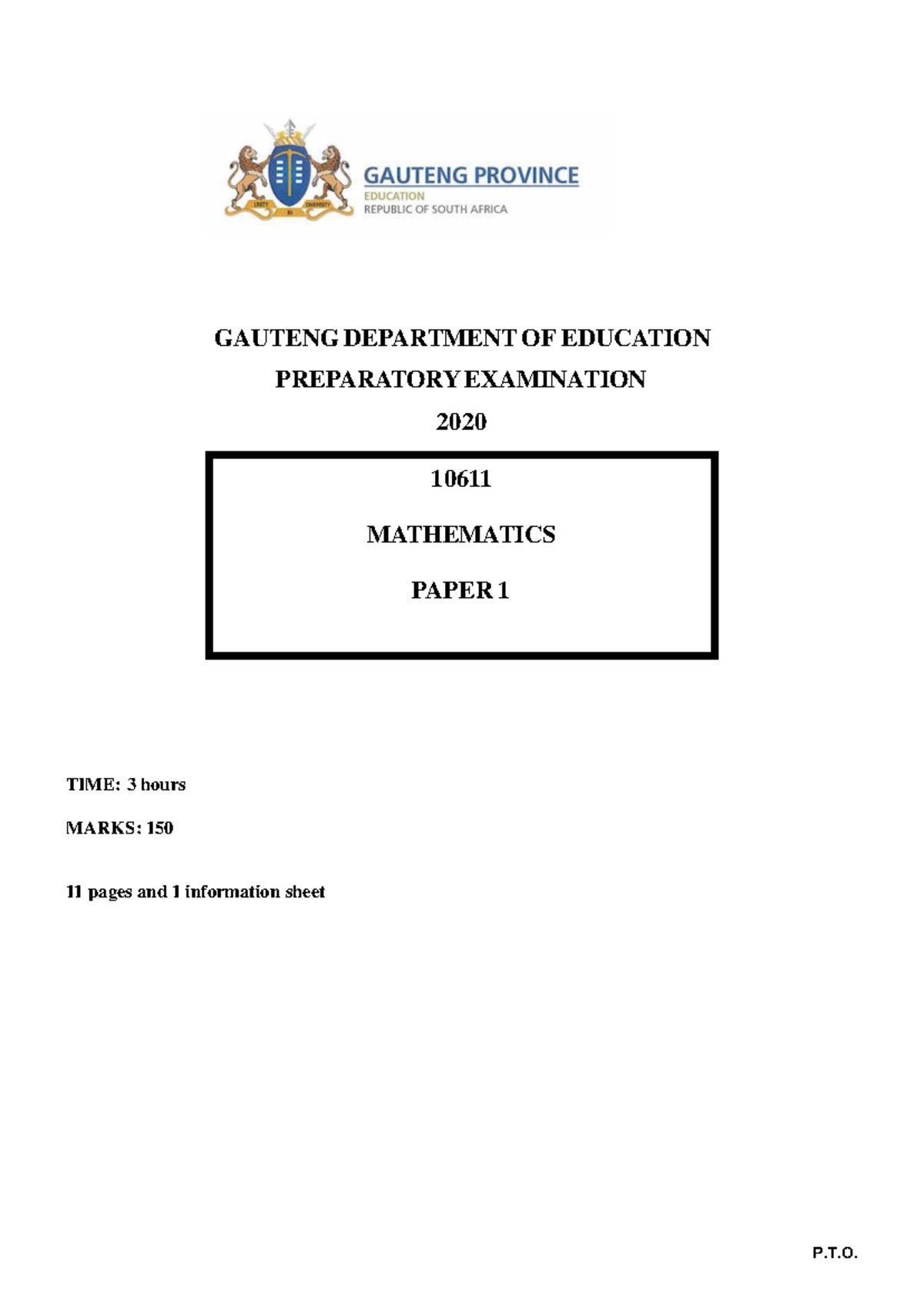 2020 Grade 12 MATH Trial EXAM Paper 1 GP - GAUTENG DEPARTMENT OF EDUCATION PREPARATORY ...