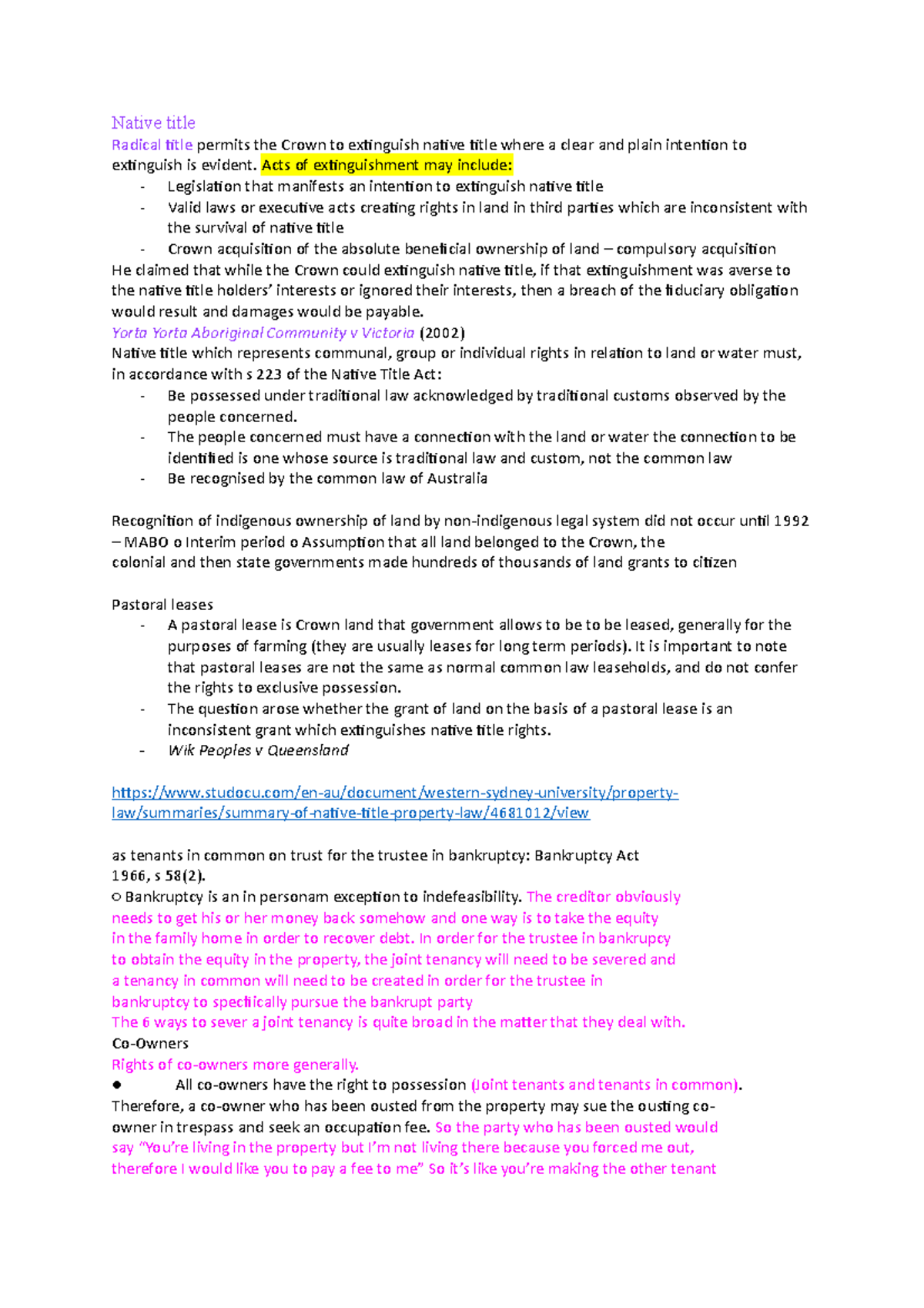 Property law A summary notes - Native title Radical title permits the ...