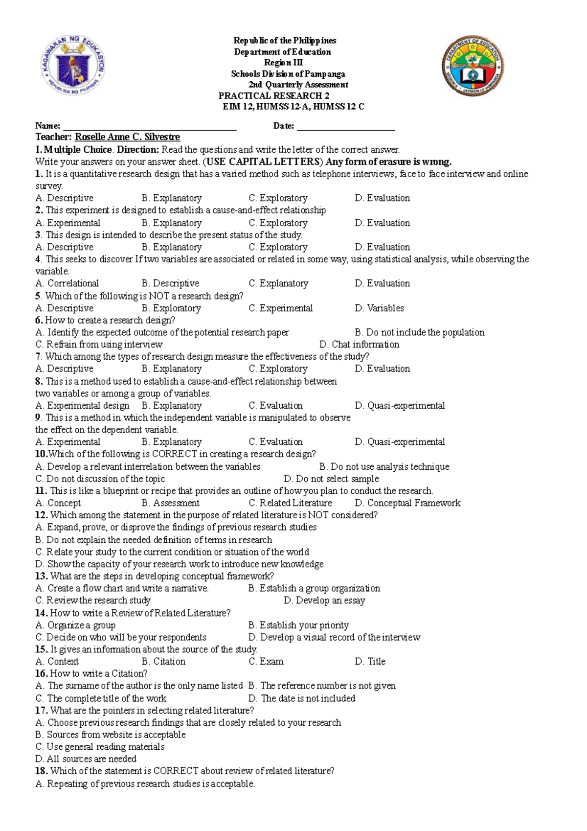 PR2 2nd Quarter - Practical Research 2 Exam - Republic of the ...