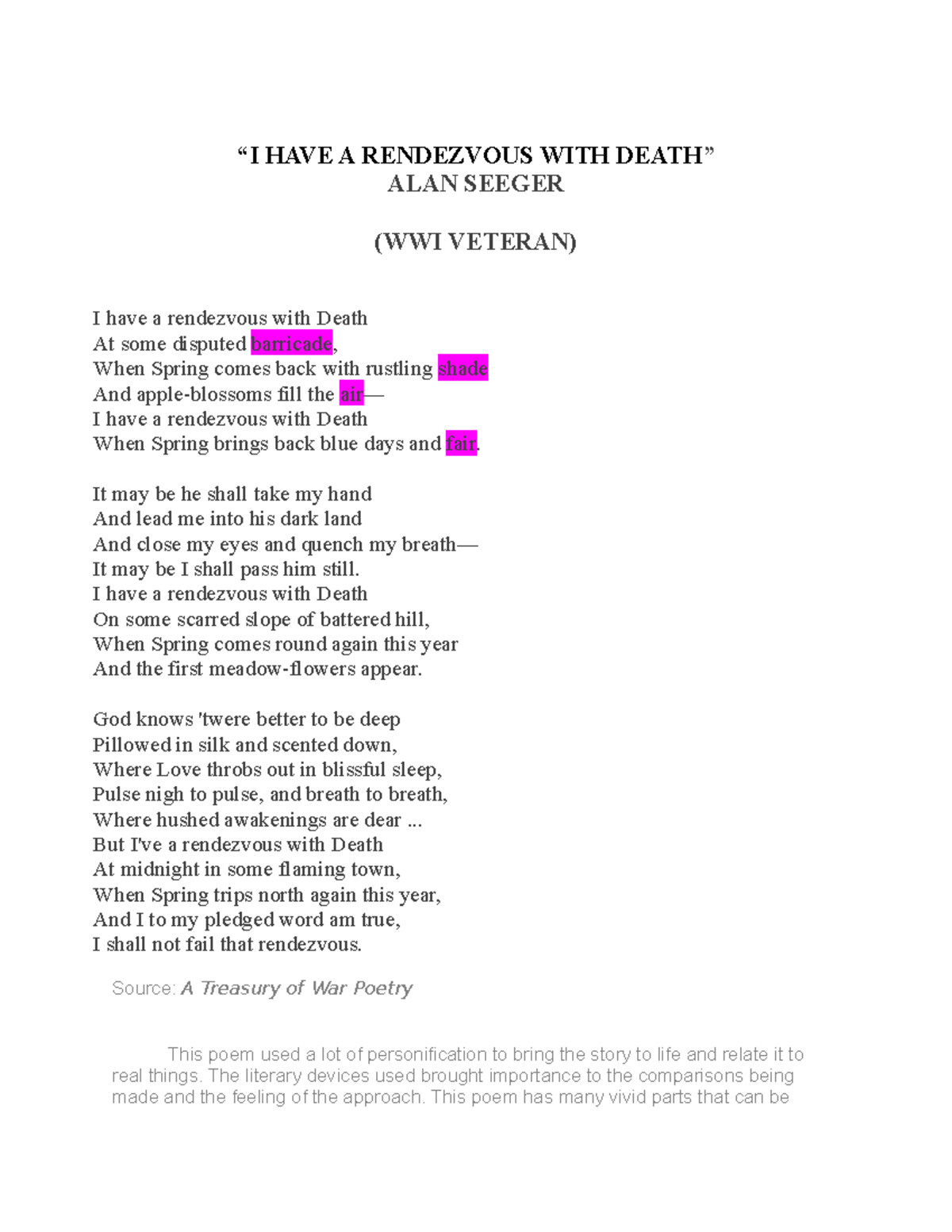 War Poetry Module - “I HAVE A RENDEZVOUS WITH DEATH” ALAN SEEGER (WWI ...