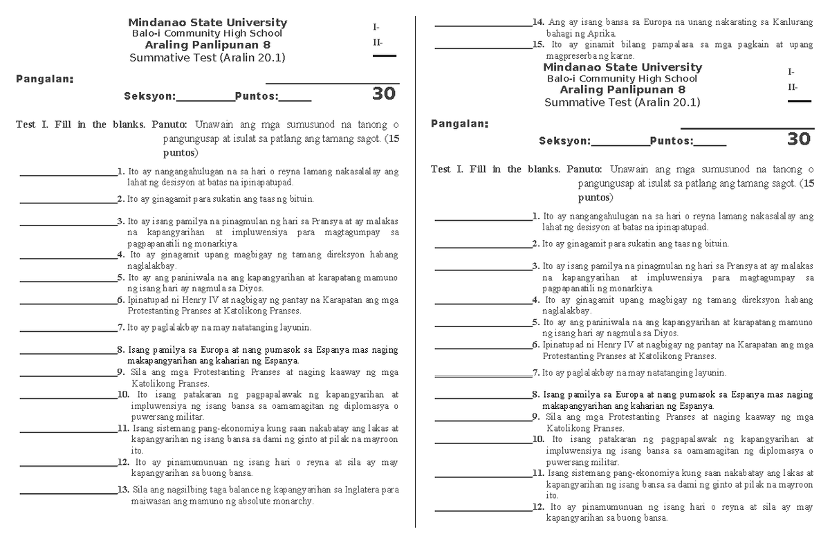 Aralin 20 - I- II- 30 I- II- 30 Mindanao State University Balo-i ...
