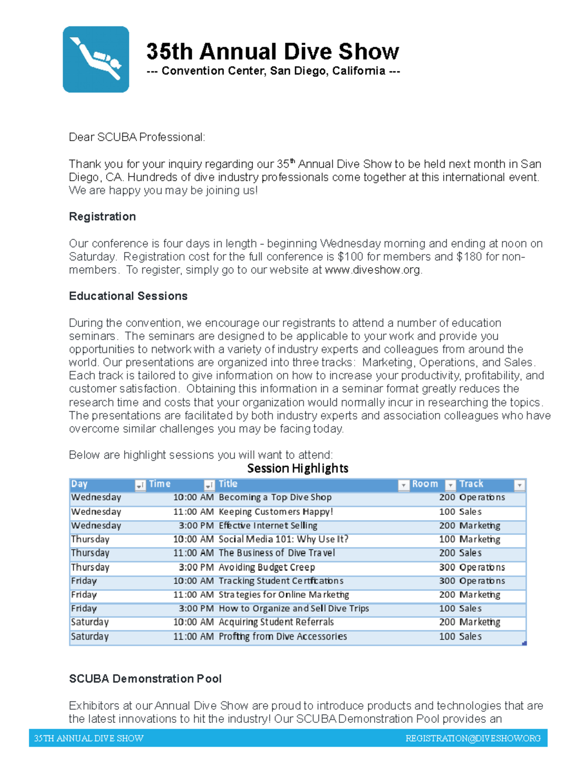 Dive Show Letter - afgafsdfas - Dear SCUBA Professional: Thank you for ...