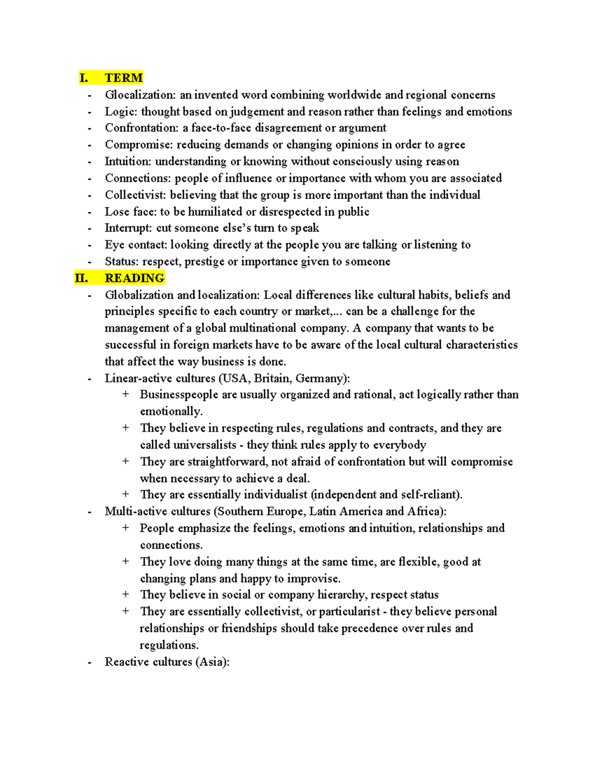 UNIT 4: Managing Across Cultures - I. TERM Glocalization: an invented ...