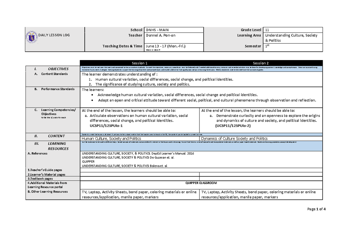 DLL Week 1 - lecture note sy 2022-2023 - DAILY LESSON LOG School DNHS - MAIN Grade Level 11 ...
