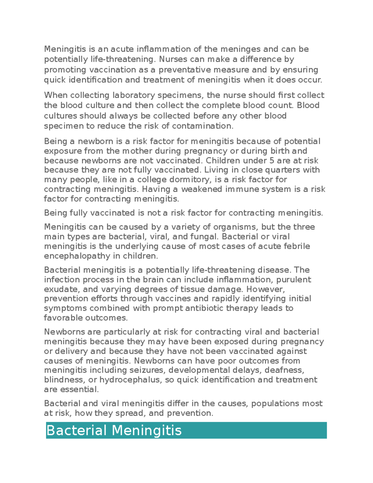 Meningitis - notes - Meningitis is an acute inflammation of the ...