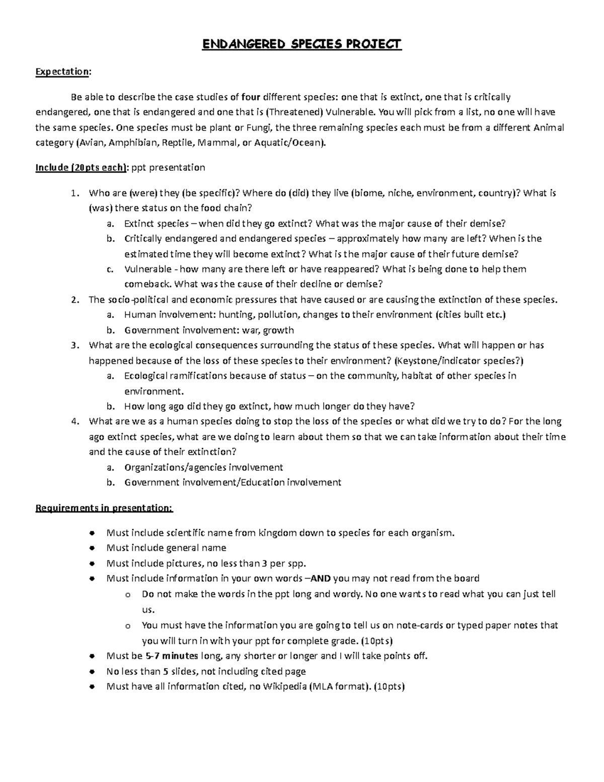 3.3 endangered species project - ENDANGERED SPECIES PROJECT Expectation ...