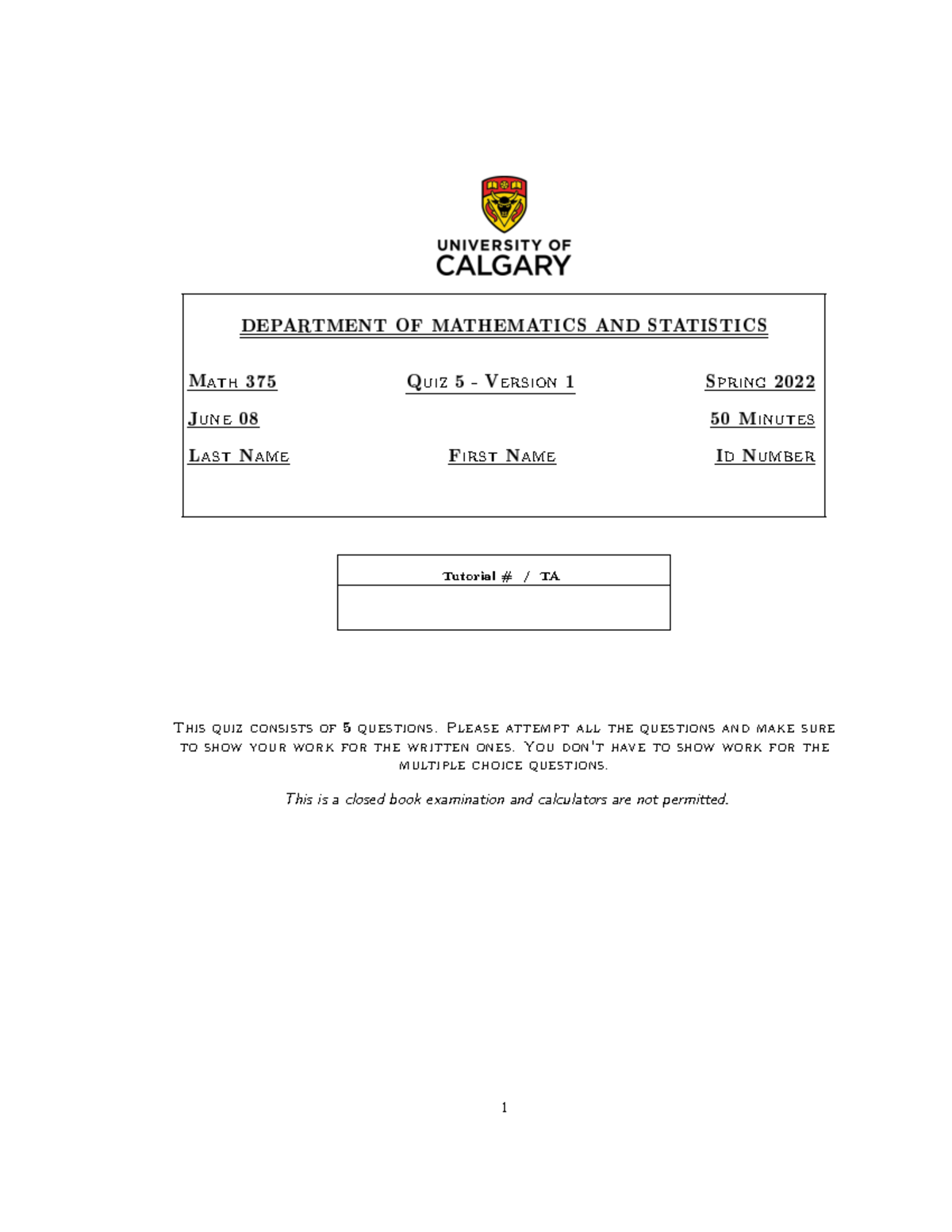 Quiz5 Version 1 Sample Solution - ath uiz - ersion pring une inutes ast ...