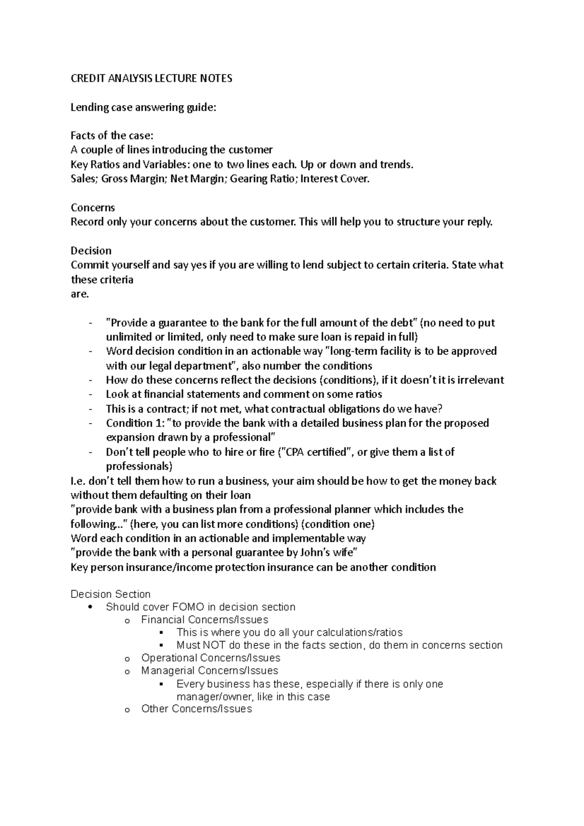 Credit Analysis Notes - CREDIT ANALYSIS LECTURE NOTES Lending case ...