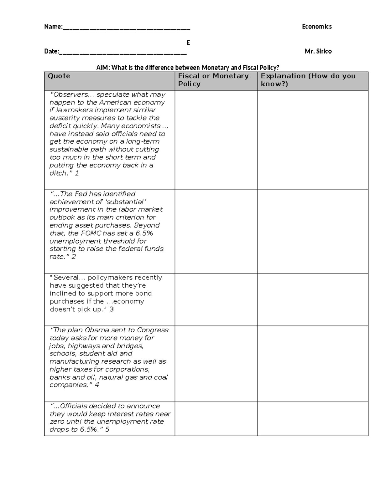 Quotes on Monetary and Fiscal Policy Lesson - Name