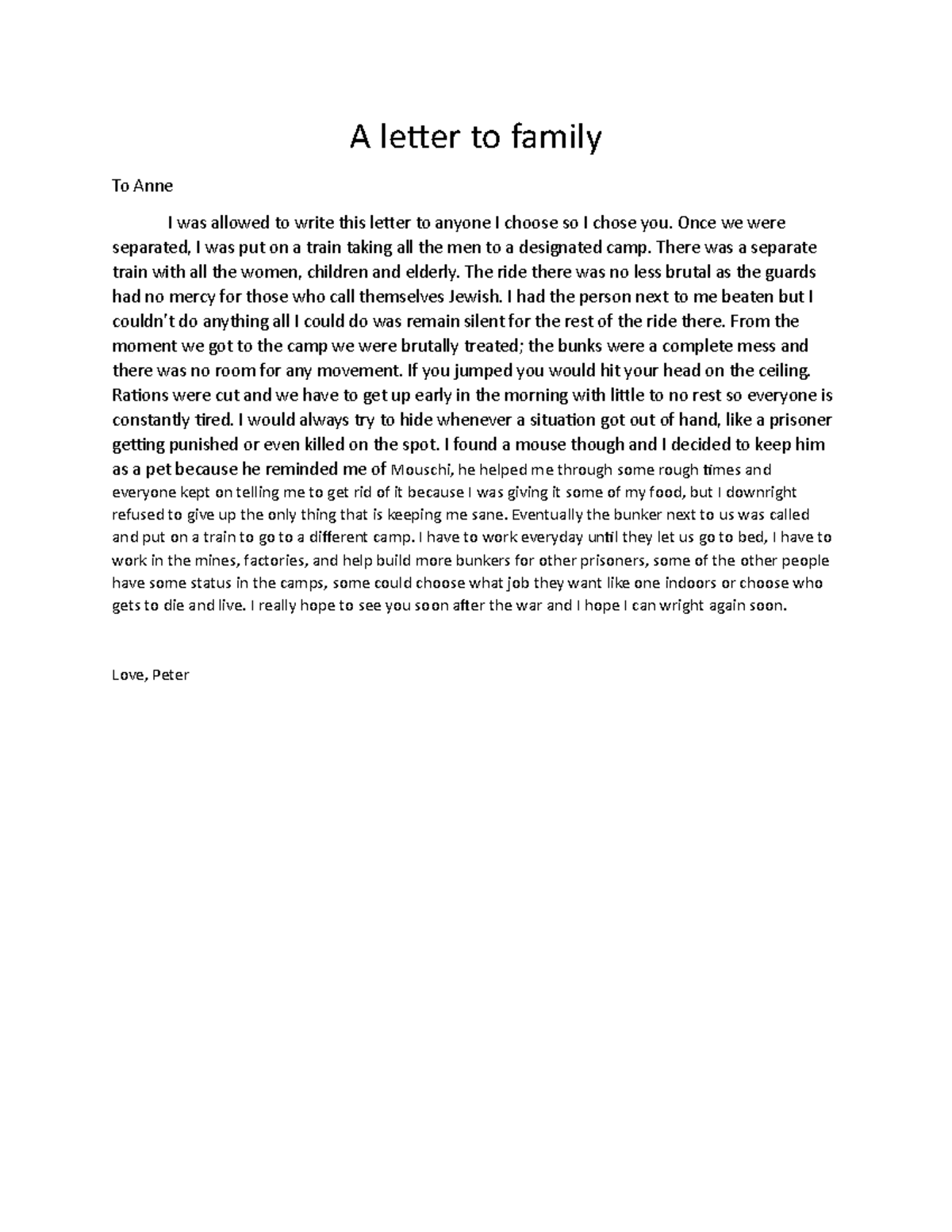 A letter to family by keoni camba - A letter to family To Anne I was ...