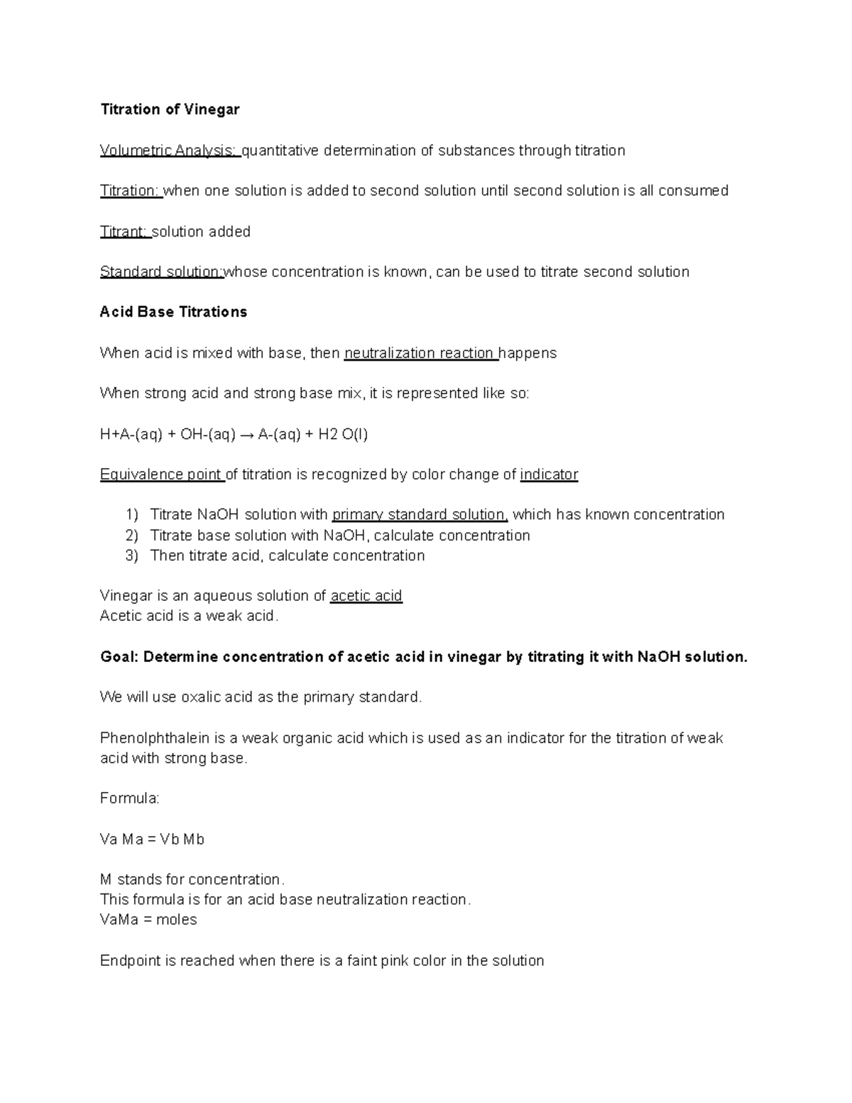 Lab 7 - Covers volumetric analysis: titration of vinegar, Miss Rudler ...