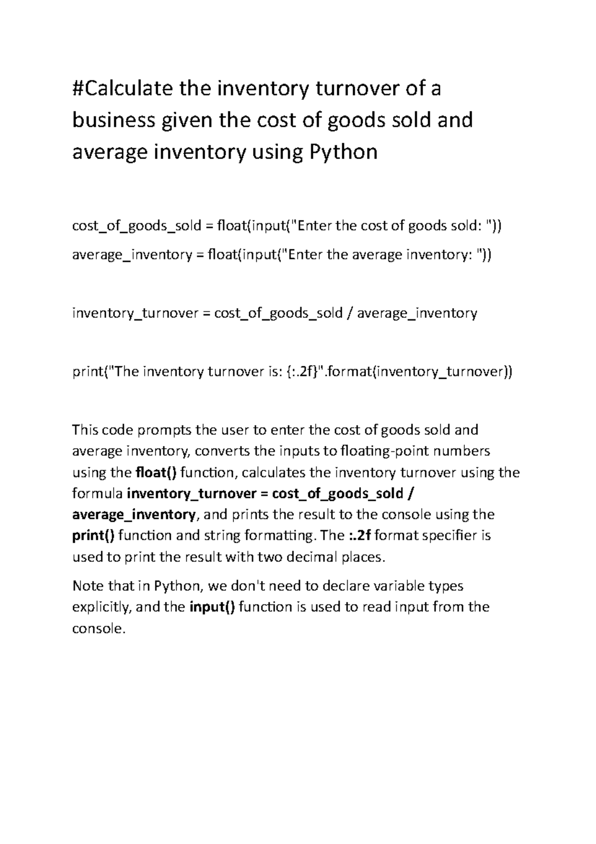 Goods sold and average inventory using Python - #Calculate the ...