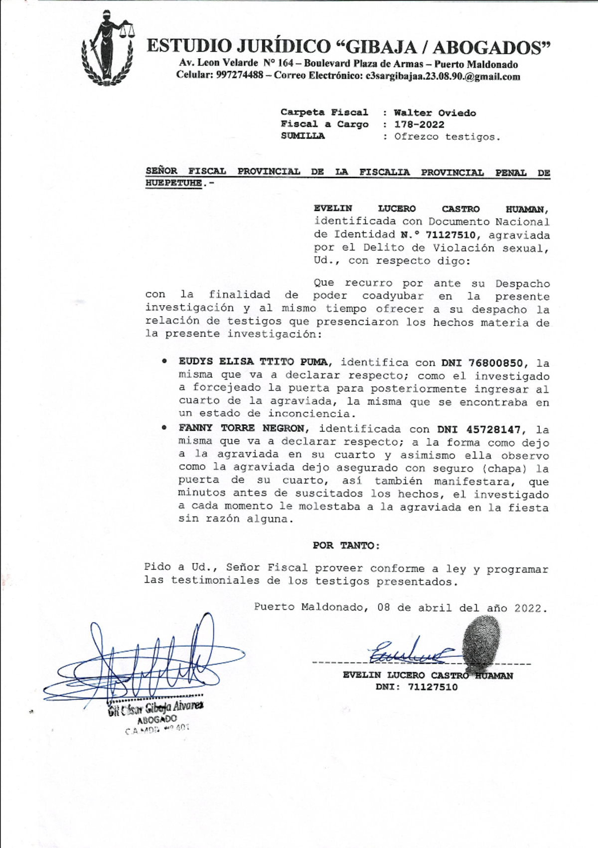 Escrito ofreciendo testigos caso Evelin Lucero - Derecho Penal I - Studocu