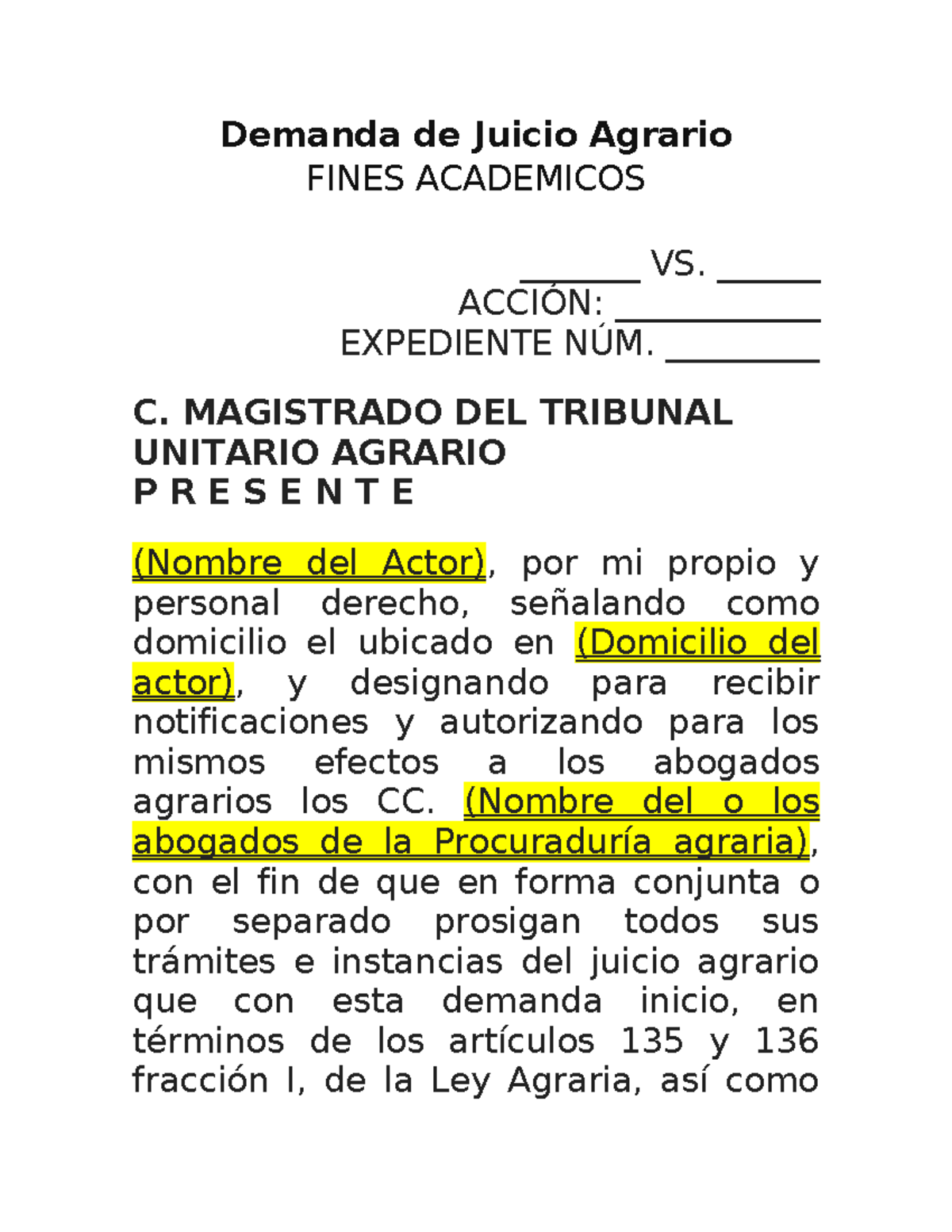Demanda Agraria - Demanda de Juicio Agrario FINES ACADEMICOS _______ VS ...