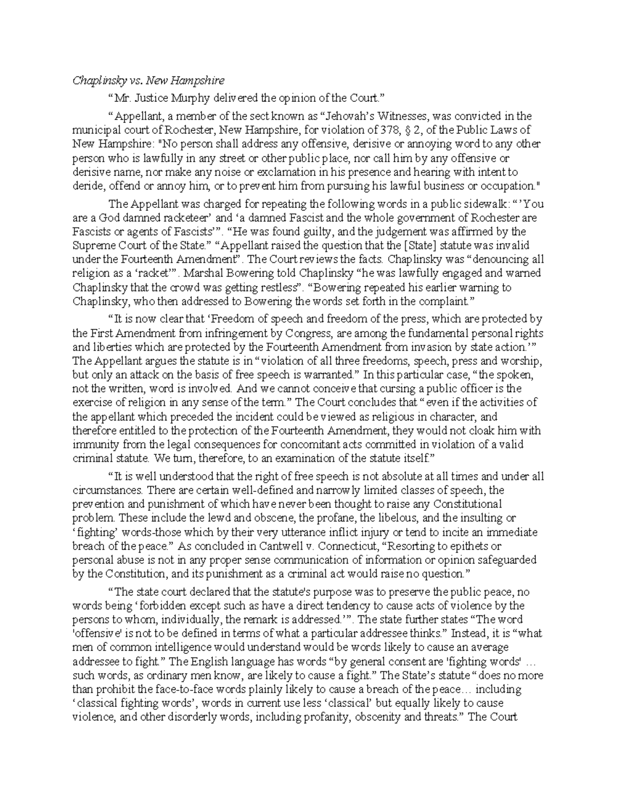Sample Microsummary Chaplinsky - Chaplinsky vs. New Hampshire “Mr ...