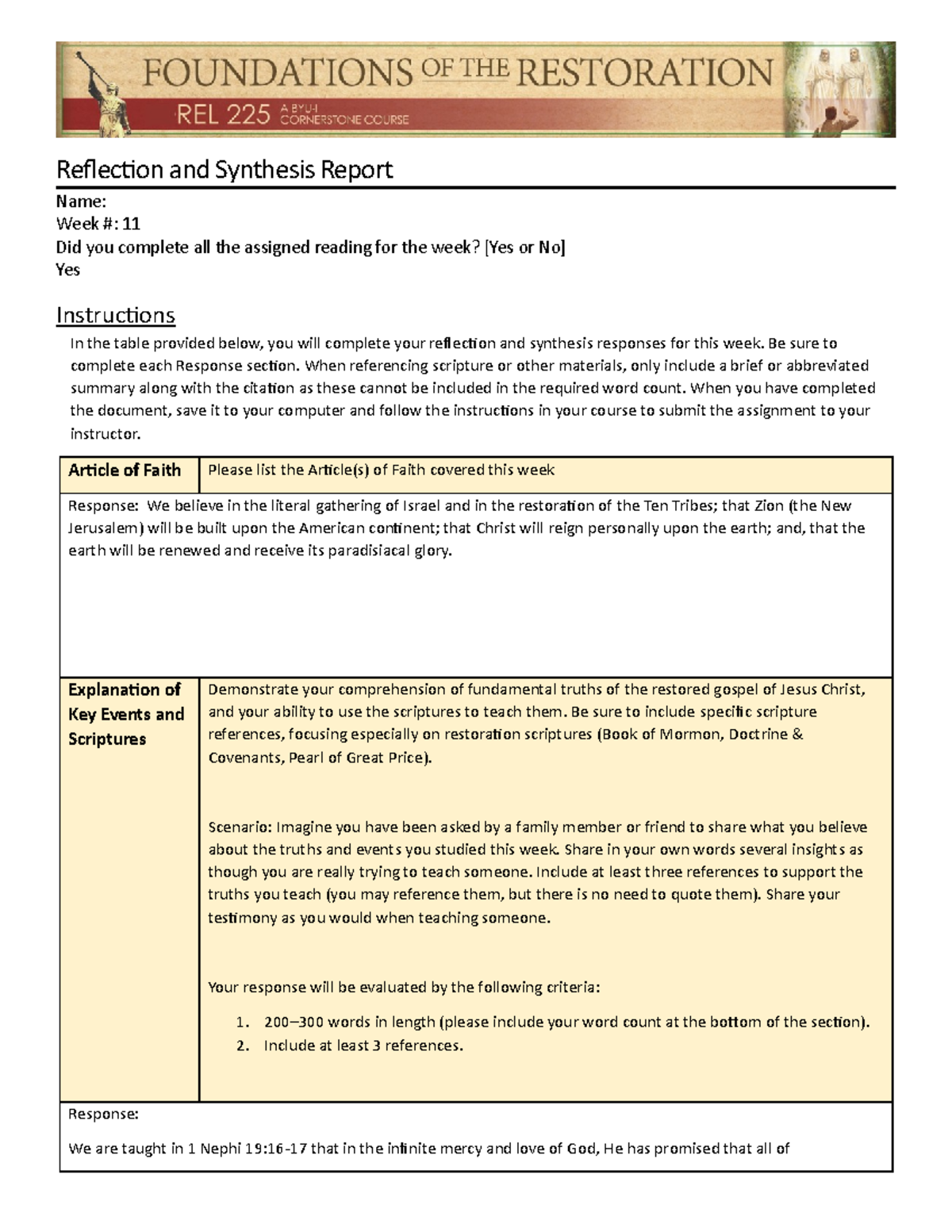 Week 11 reflection - foundations of the restoration - Reflection and Synthesis Report Name: Week ...