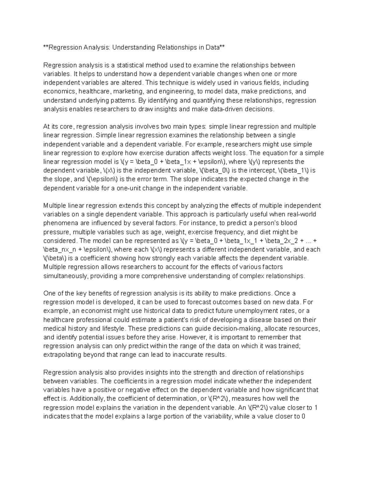 Regression Analysis Understanding Relationships in Data - It helps to understand how a dependent ...