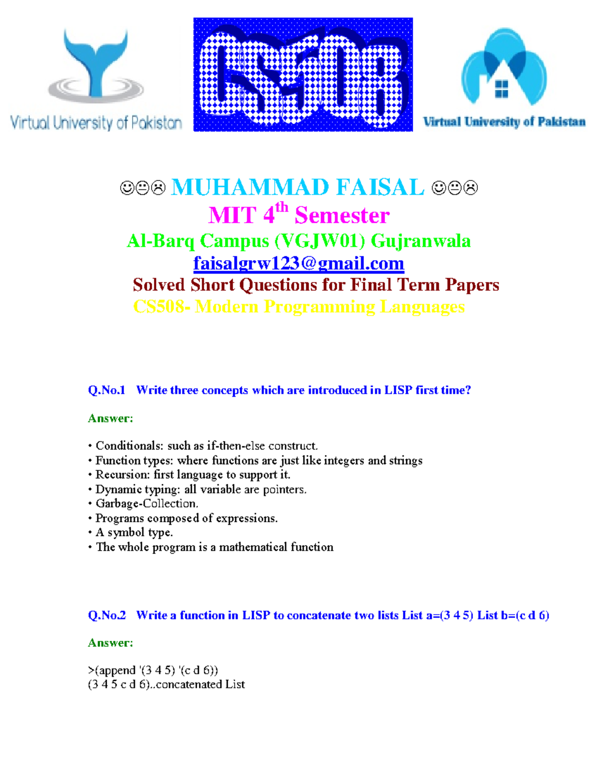 CS508 Final Term Solved Short Questions - MUHAMMAD FAISAL MIT 4 th Semester Al-Barq Campus - Studocu