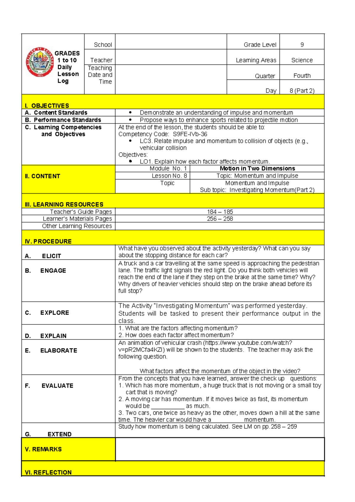 DLL-G9-7E s - lesson 8 part 2 - GRADES 1 to 10 Daily Lesson Log School ...