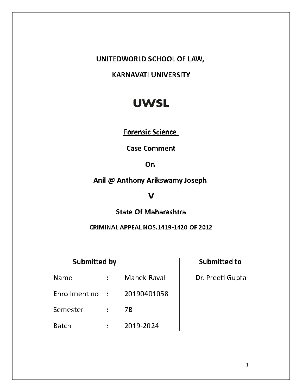 Mahek Raval Assignment Preeti Maam - UNITEDWORLD SCHOOL OF LAW ...