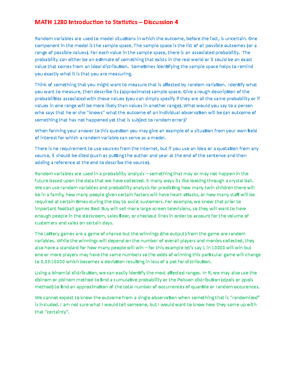 Math 1280 Discussion 4 Math 1280 Introduction To Statistics Discussion 4 Random Variables