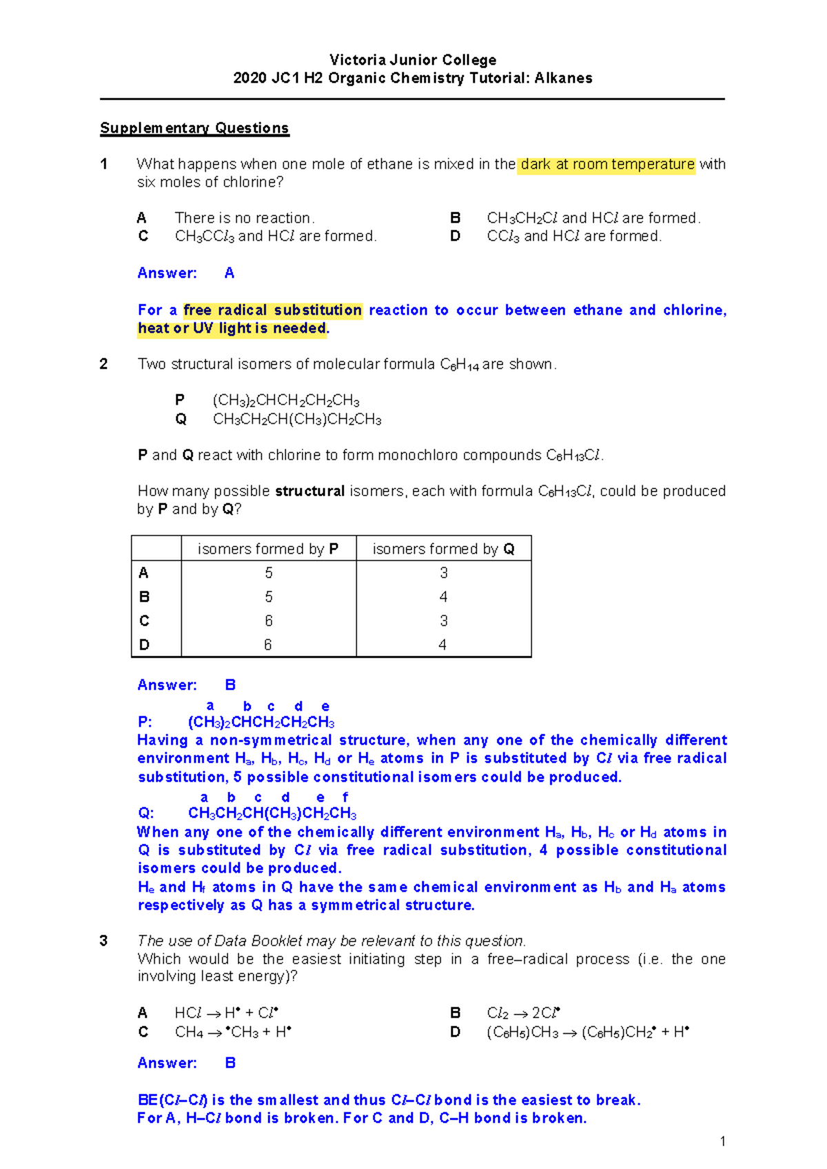 2020 Alkanes Supplementary Qn Ans - Victoria Junior College 2020 JC1 H2 ...