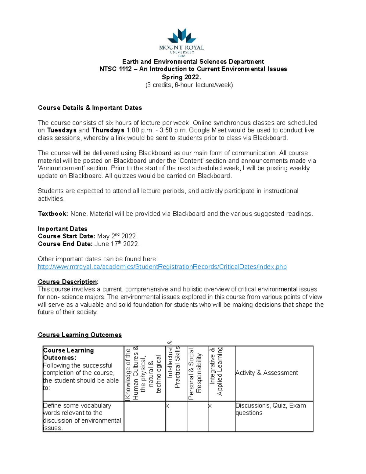 NTSC 1112 Course Outline Spring 2022 JKA - Earth and Environmental ...