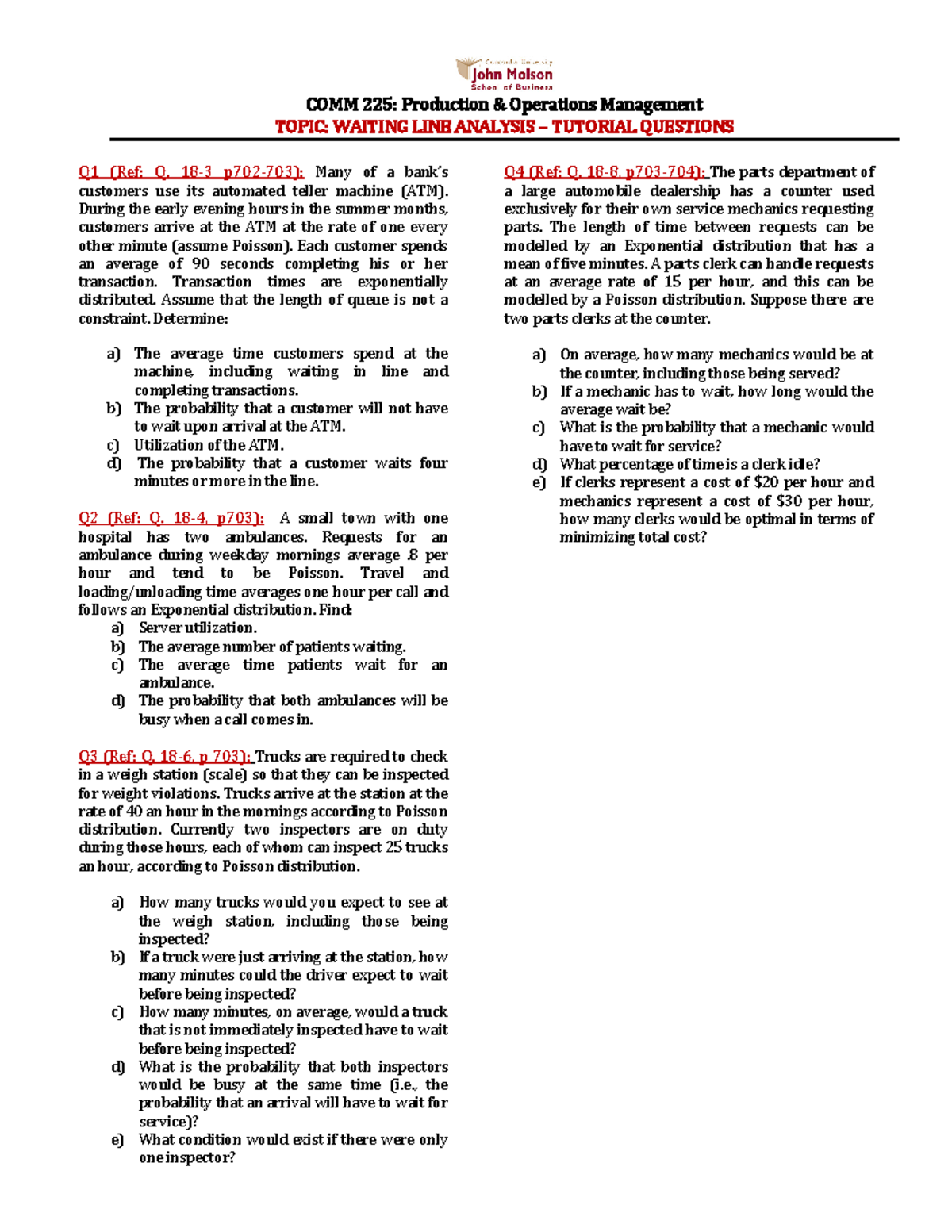 Waiting Line Analysis Questions (Tutorial) - COMM 225 : Production ...