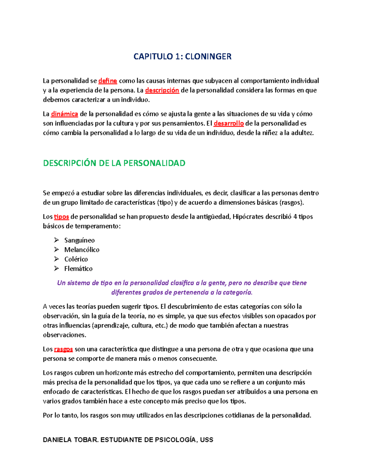 Resumen Cloninger - Teorías de la Personalidad de Cloninger. - CAPITULO ...