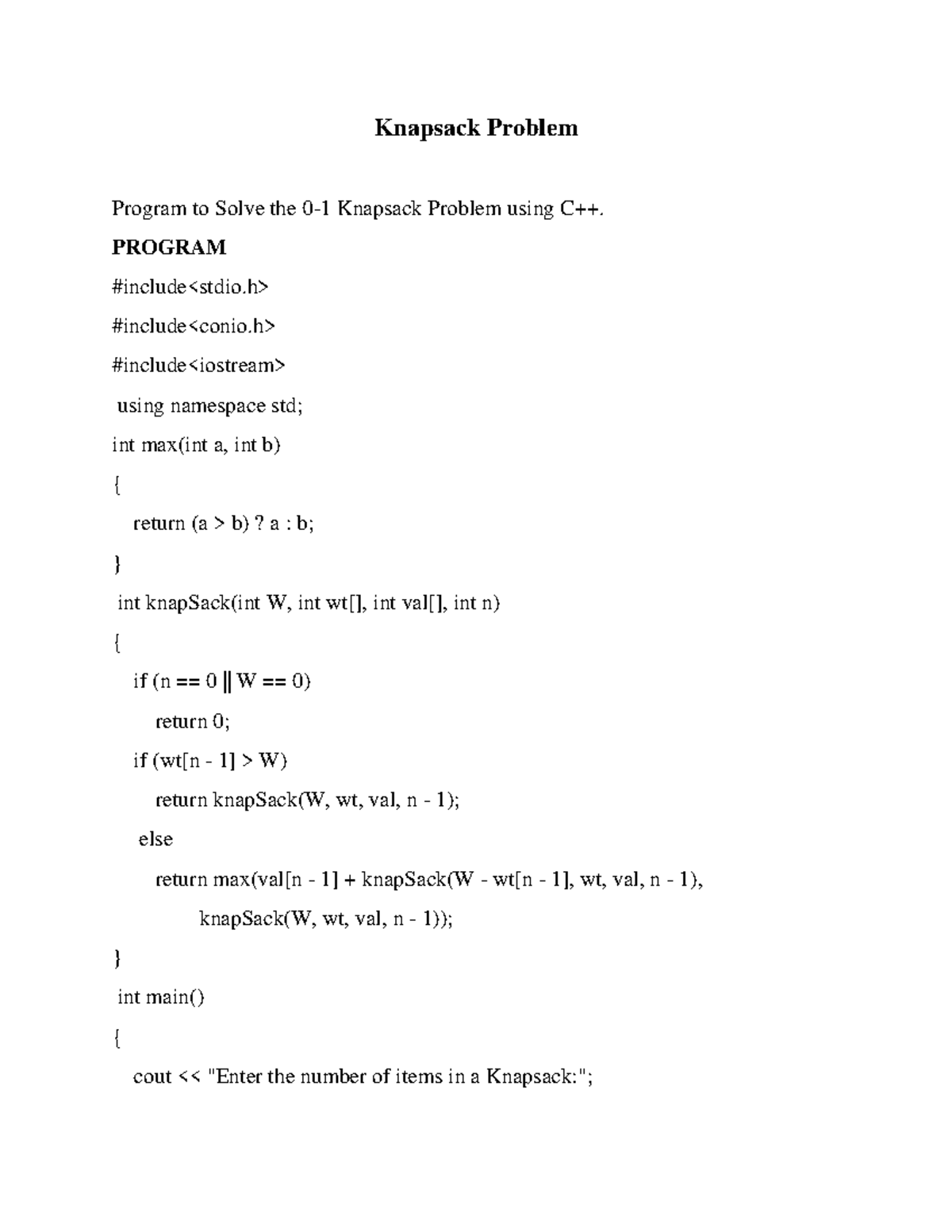Knapsack Problem 0-1 - Bachelor of Computer Applications - MG ...