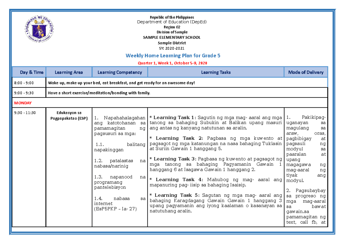 Grade 5 ALL Subjects WHLP Q1 W1 - Weekly Home Learning Plan for Grade 5 ...