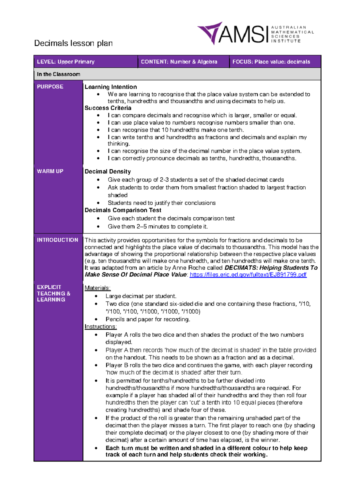Lesson-plan-decimals - LEVEL: Upper Primary CONTENT: Number & Algebra ...