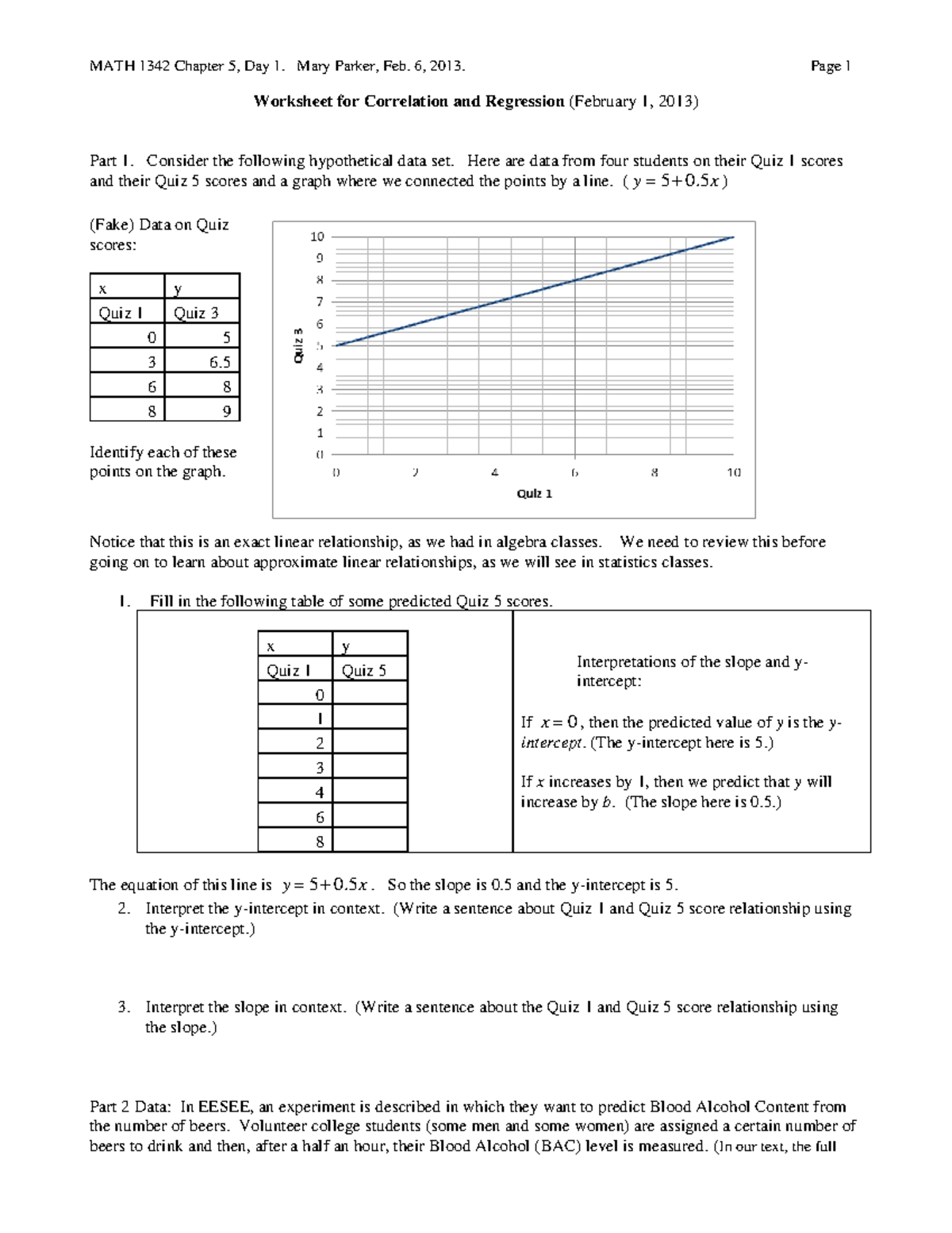 Worksheet on Correlation and Regression - Consider the following ...