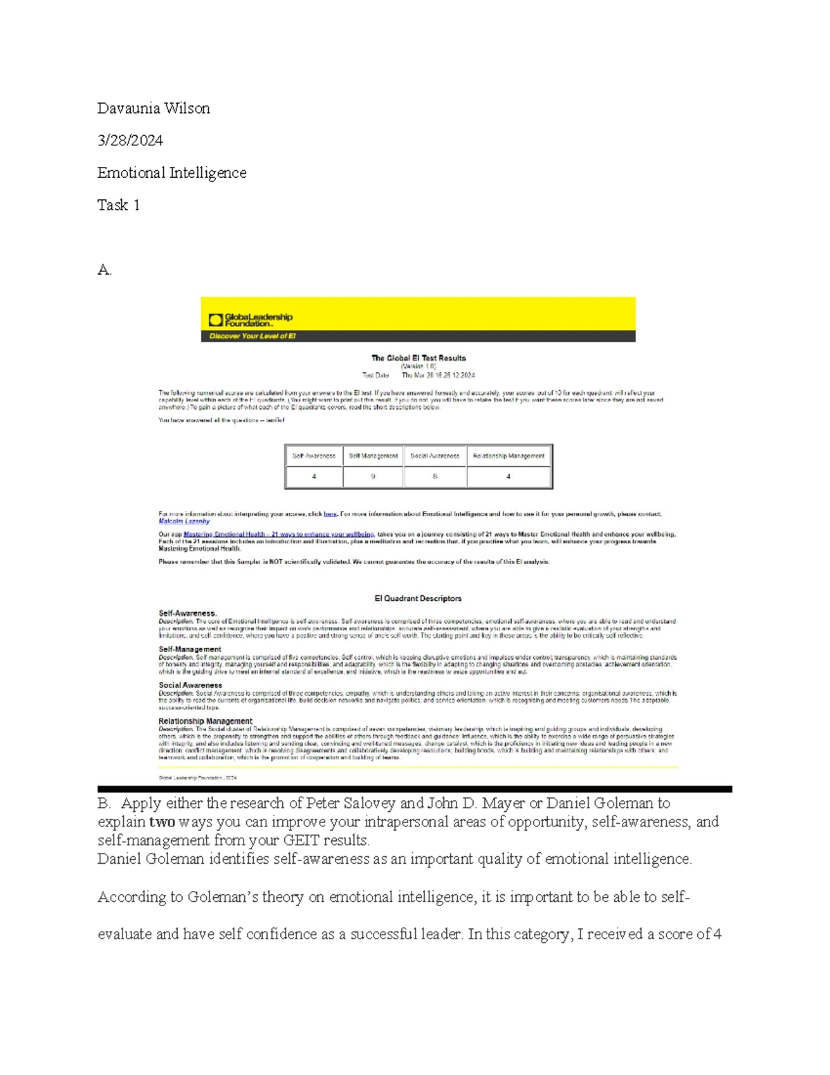 Emotional intelligence task 1 - Davaunia Wilson 3/28/ Emotional ...
