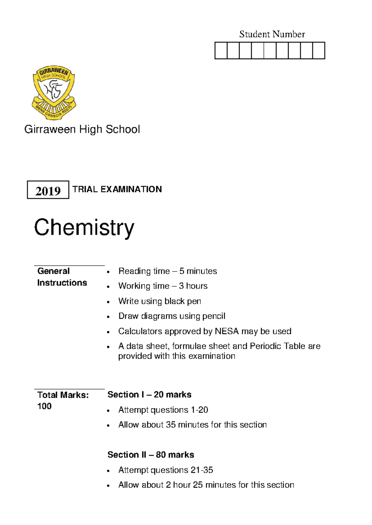 2019 Girraween Chemistry Trial Exam copy - Girraween High School Student Number TRIAL ...