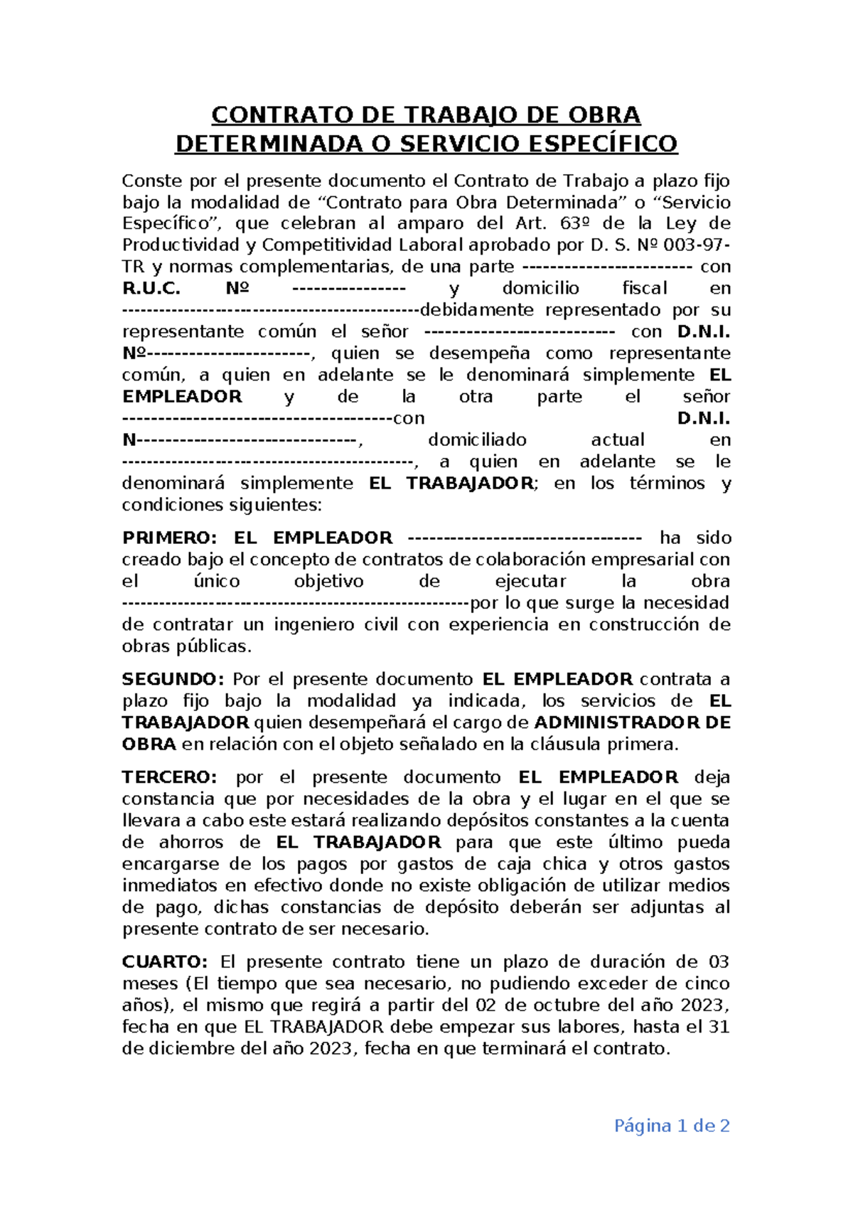 Modelo DE Contrato DE Trabajo POR OBRA Especifica - CONTRATO DE TRABAJO DE OBRA DETERMINADA O ...